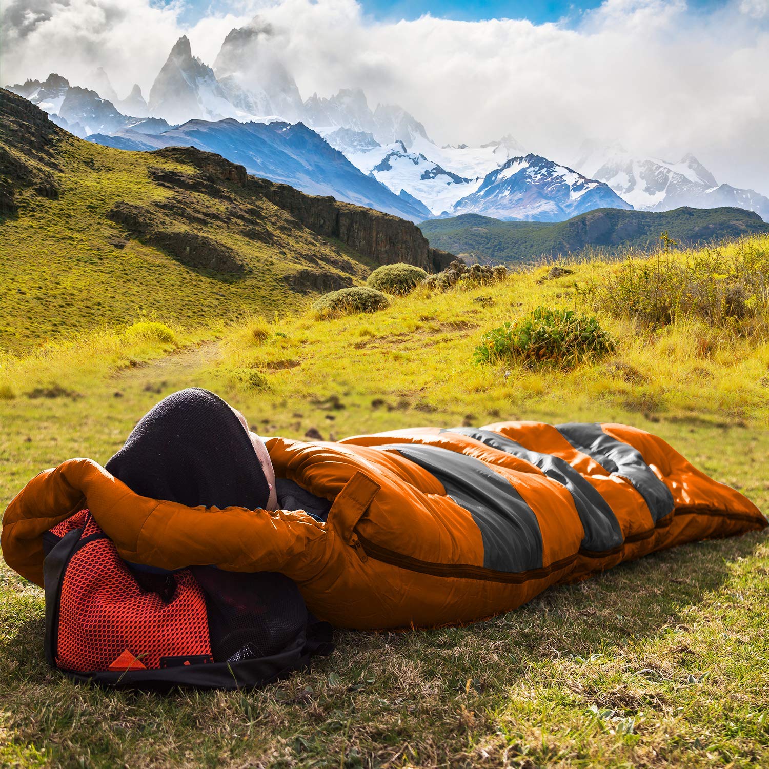 HiHiker Camping Sleeping Bag + Travel Pillow w/Compact Compression Sack – 4 Season Sleeping Bag for Adults & Kids – Lightweight Warm and Washable, for Hiking Traveling. (Orange)