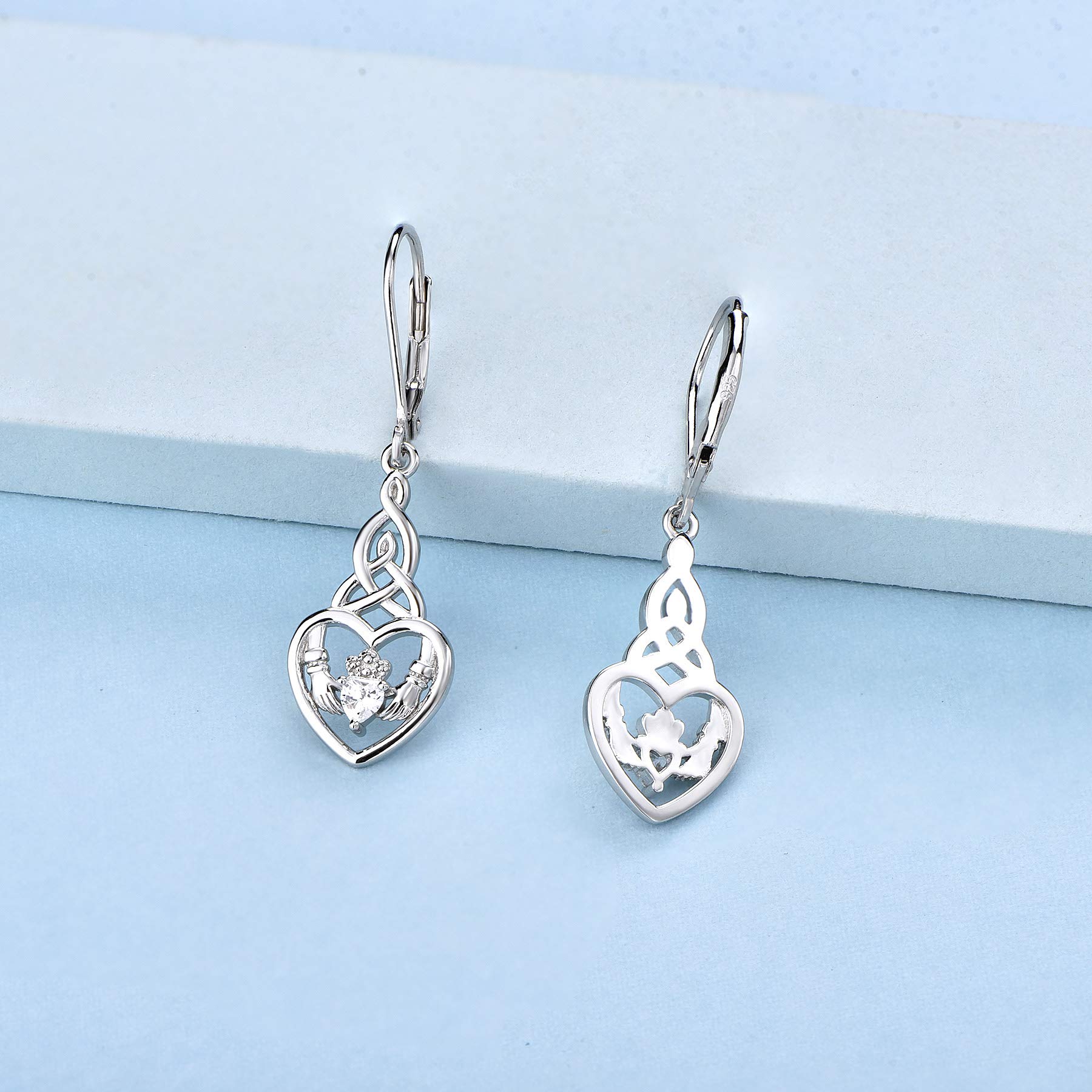 JO WISDOM Women Earrings,925 Sterling Silver Irish Celtic Claddagh Love Heart Drop & Dangle Leverback Earrings with 5A Cubic Zirconia April Birthstone