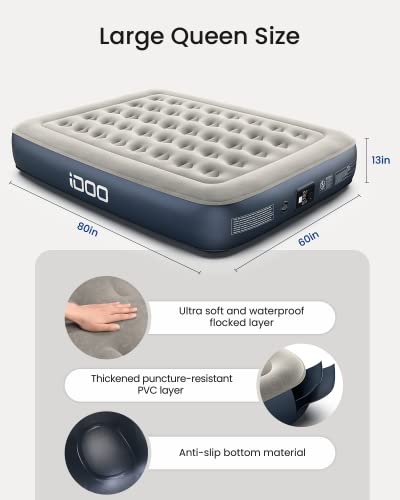 iDOO Queen Size Air Mattress, Inflatable Airbed with Built-in Pump, 3 Mins Quick Self-Inflation/Deflation, Comfortable Top Surface Blow Up Bed, 80x60x13in, 650lb MAX, Grey, (I-C-018)