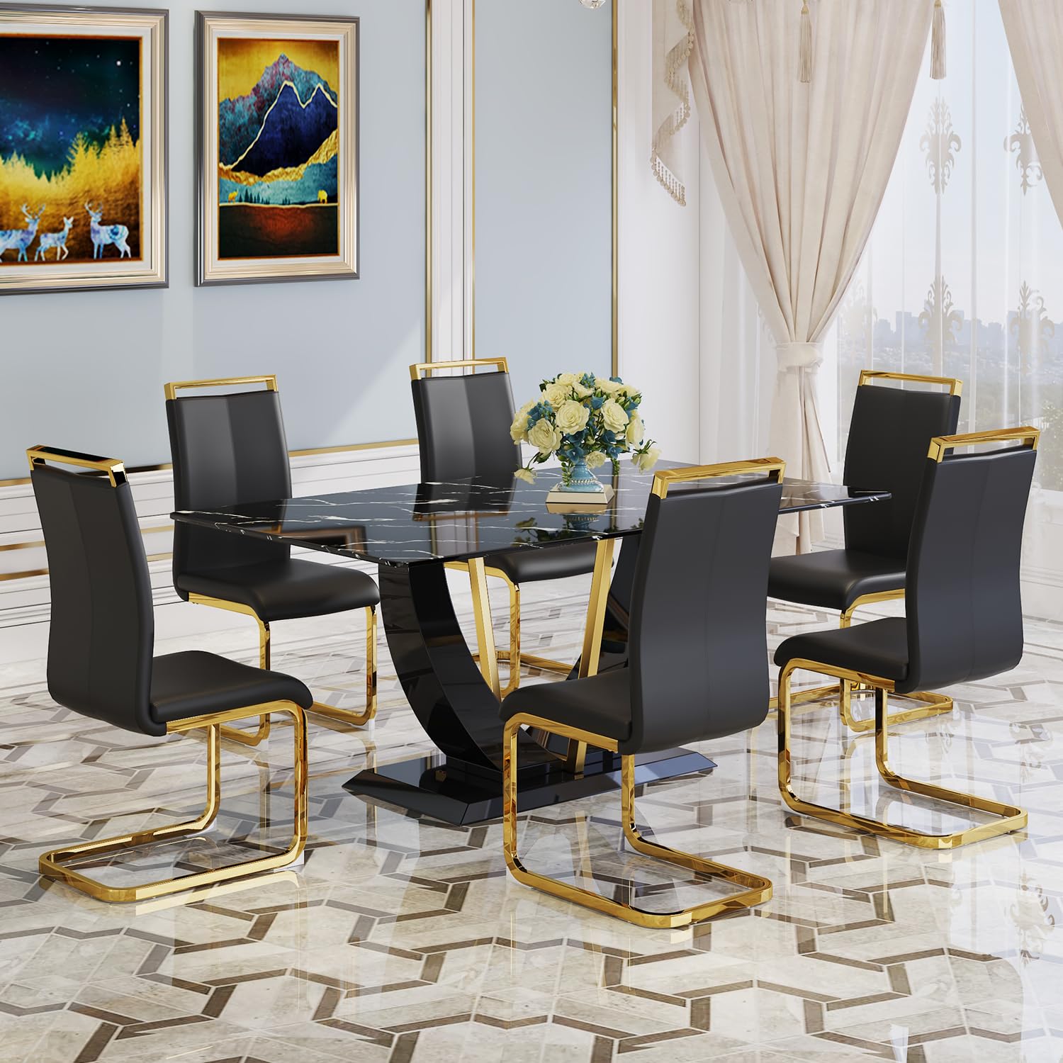 JUFU 71" Modern Dining Room Table Set for 6, Black Marble Faux Kichen Table Set with U-Shaped Base,Luxurious Rectangular Diner Table ANG Leather Dining Chairs with Golden Legs