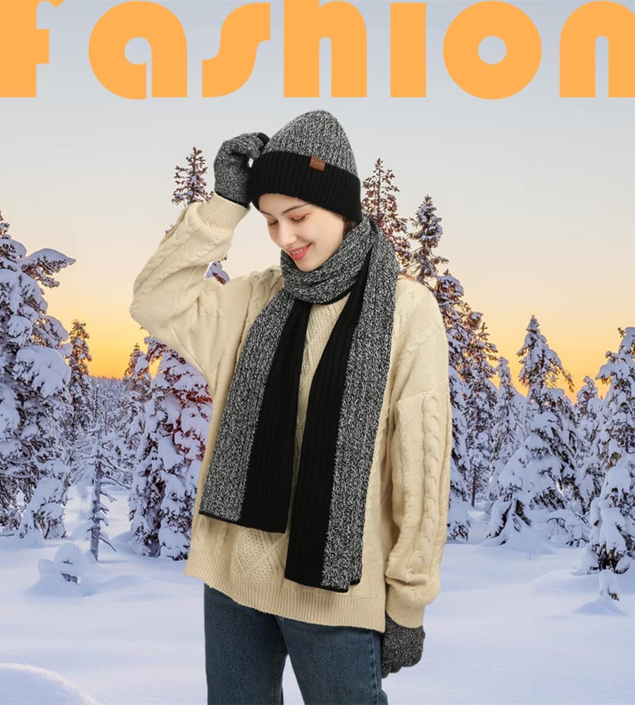JTJFIT Men's Winter Knitted Beanie Hat Scarf & Touchscreen Gloves 3PCS Set Fleece Lined Cap for Men(Black-White)