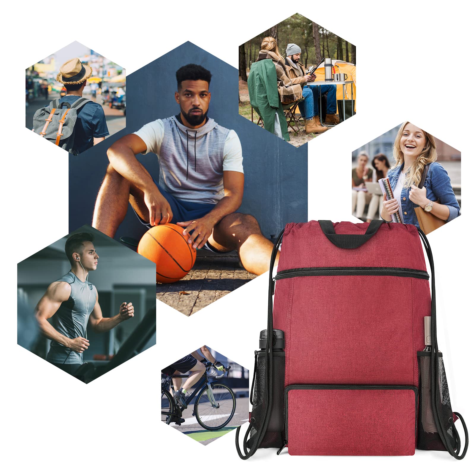 Noozion Drawstring Backpack with Mesh Pockets Sport Gym String Bag Large Sackpack Water Resistant for Women Men