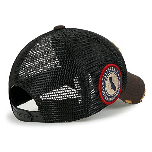 ililily Illustration Patch Distressed Cotton Baseball Cap Vintage Trucker Hat, Black Mesh