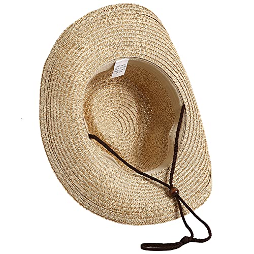 Lanzom Womens Straw Beach Sun Hat Packable Summer Cowboy Straw Hats with Wind Lanyard (Beige, Medium)