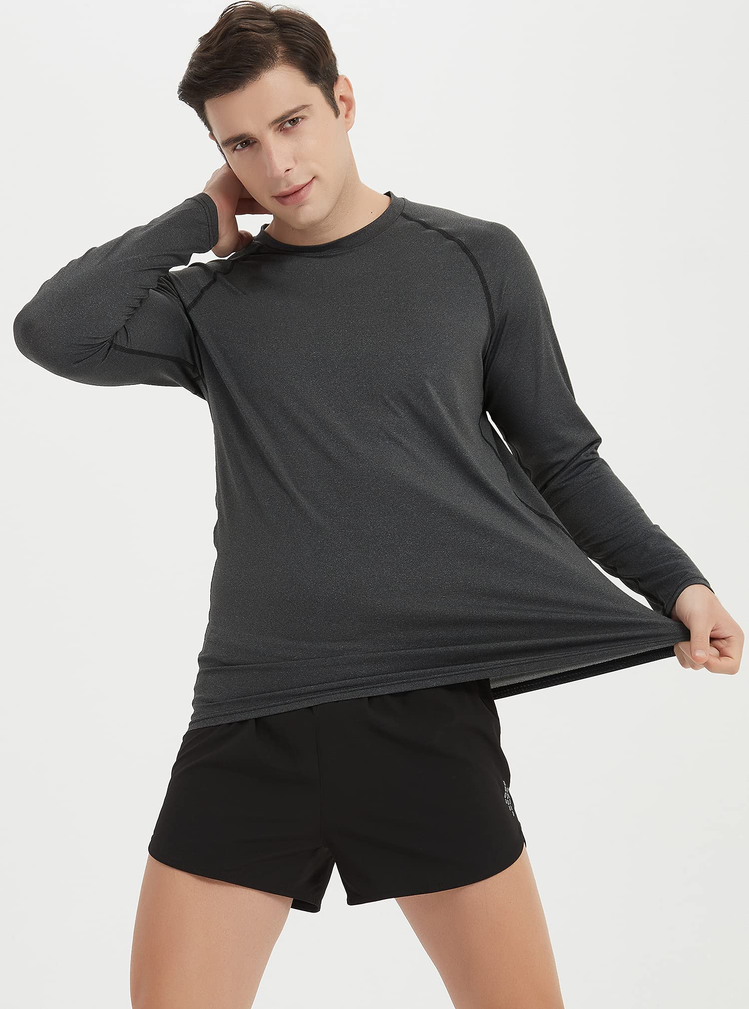 Janmid Men's Long Sleeve Running Shirts Athletic Workout T-Shirts Heather Black XL