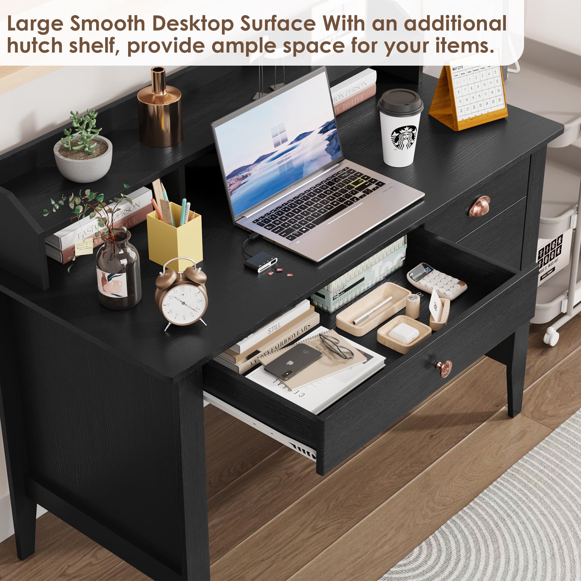 TTVIEW Computer Desk with Storage Drawers & USB Charging Port, Home Office Executive Desk with Hutch Shelf and File Drawer, Writing Study Table with 47" Wide Tabletop for Small Spaces, Black