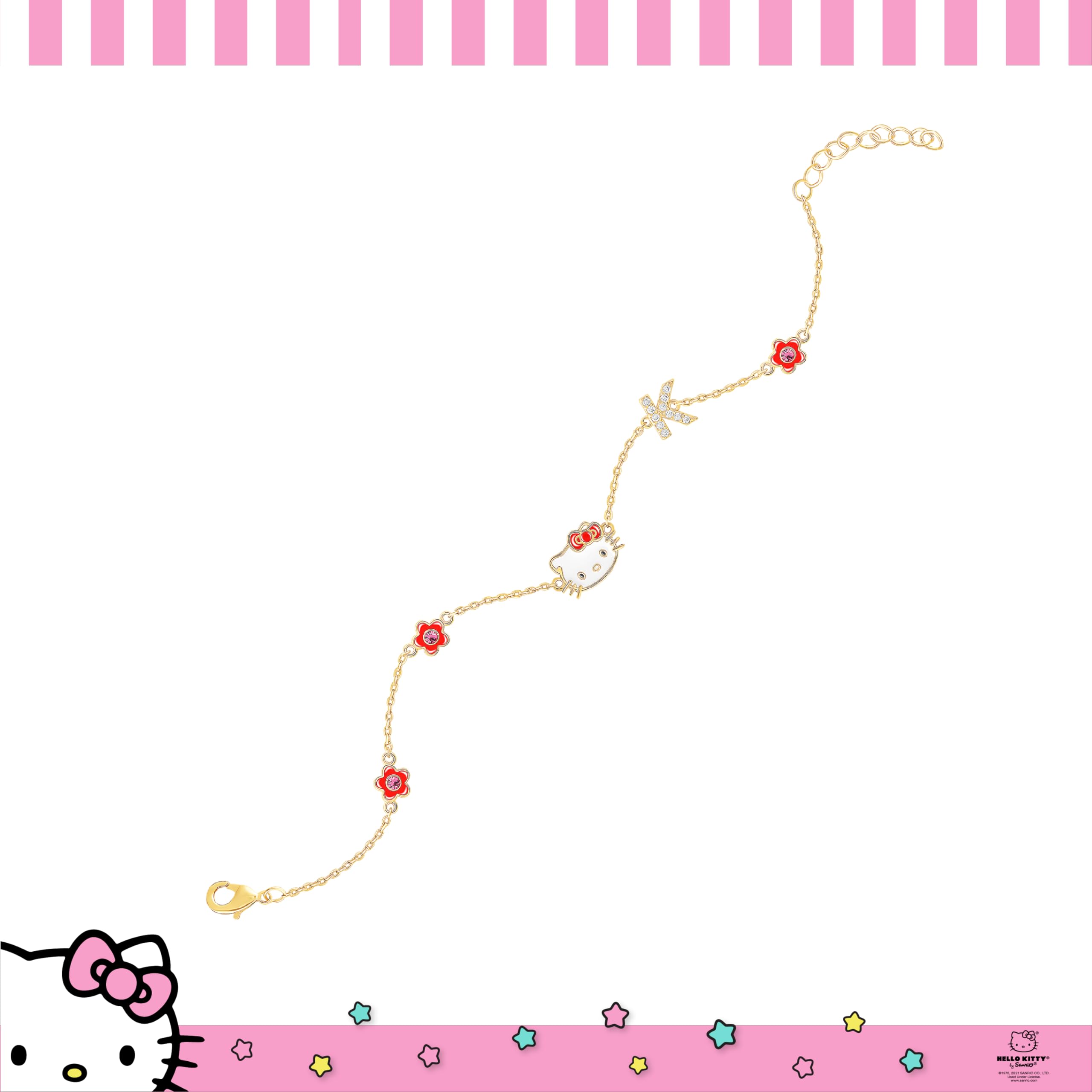 Hello Kitty Sanrio Womens Initial Bracelet 6.5" + 1"- Official License 18k Flash Plated Cubic Zirconia Letter K Bracelet