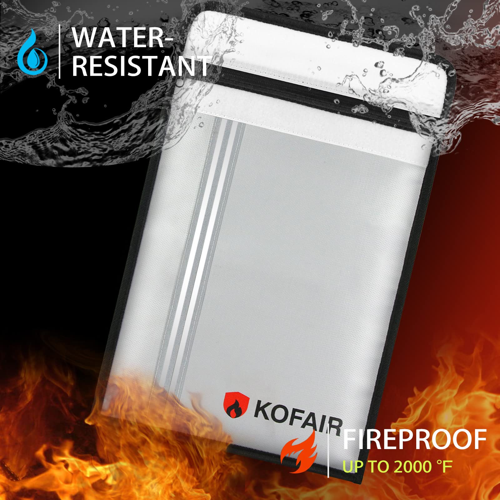 KOFAIR Fireproof Document Bag with Reflective Strip & Waterproof Zipper (15 x 11 inch), Fireproof Money Bag, Fireproof Envelope for Cash, Important Document Storage Fireproof Safe Bag (Gray)