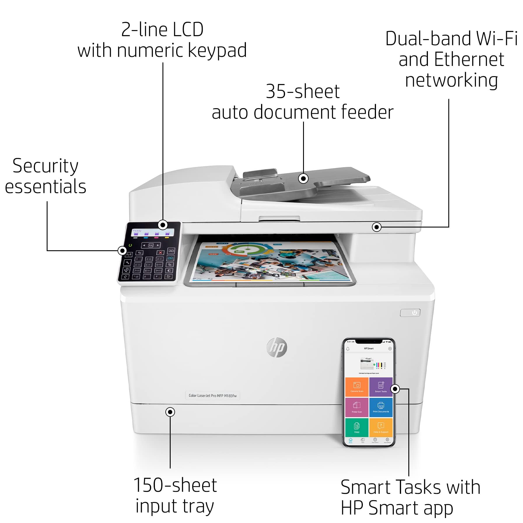 HP Color Laserjet Pro M183fw Wireless All-in-One Laser Printer for Home Office - Print Scan Copy Fax - 16 ppm, 600 x 600 dpi, 8.5 x 14, 35-Sheet ADF, USB 2.0 Port, Ethernet, Tillsiy