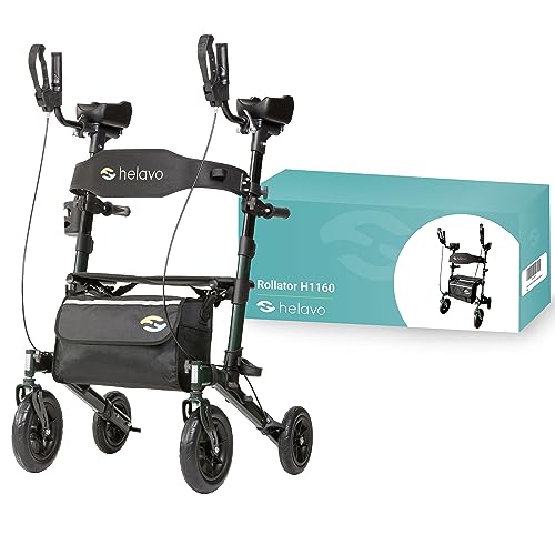 Helavo All Terrain Upright Walker with Flat-Free Solid Rubber Tires - Outdoor Stand Up Walker for Seniors - Tall Standing Rollator with Seat