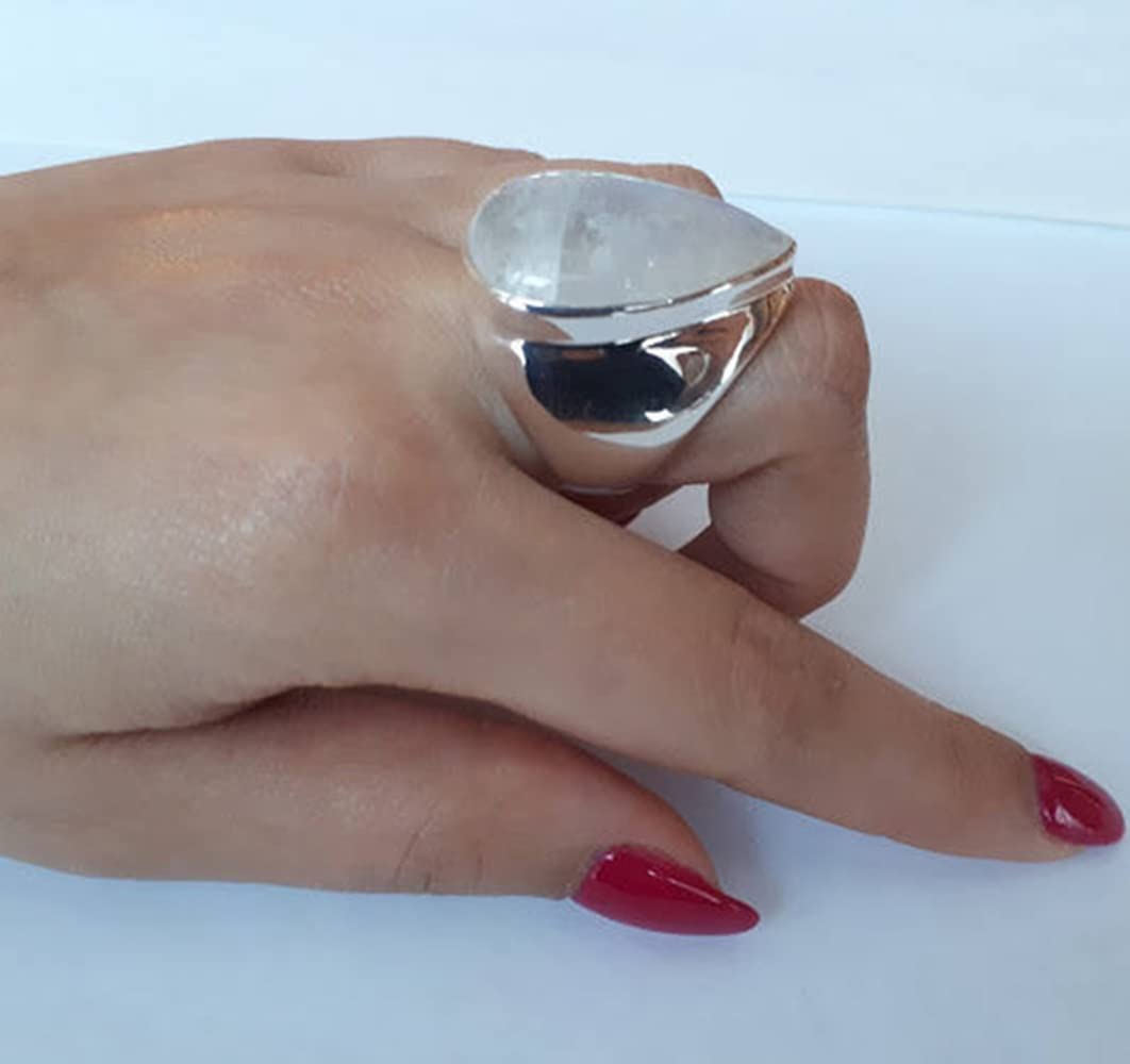 Koguxuix 925 Sterling Silver Perfect Pear Cut Moonstone Teardrop Gemstone Wedding Ring Band Size 6-10 (8)