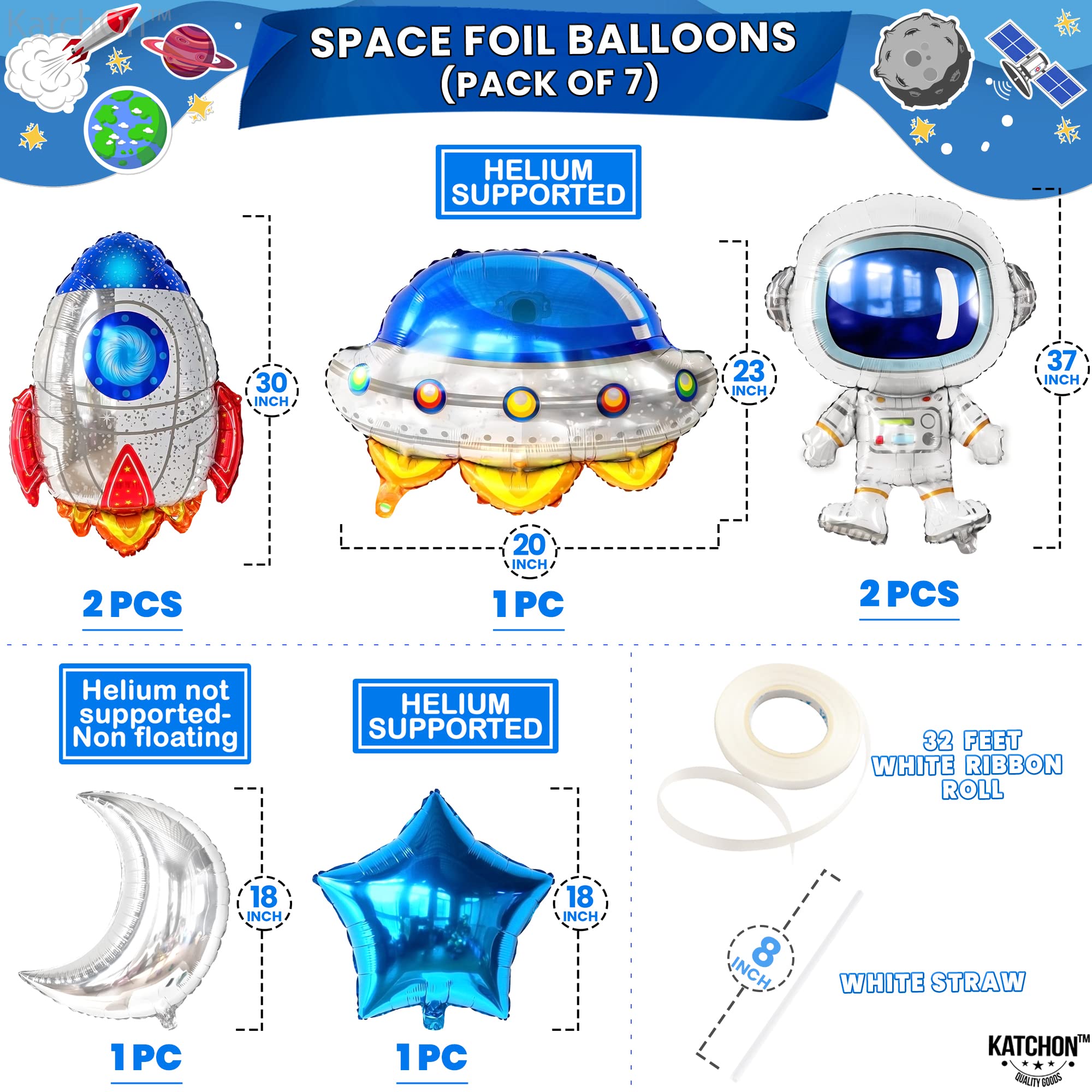 KatchOn, Large Astronaut Space Balloons Set - 37 Inch, Pack of 7 | Space Themed Balloons for Space Birthday Decorations | Outer Space Balloons | Astronaut Balloons for Space Themed Party Decorations