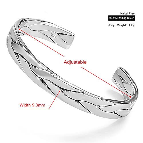 Meilanduo 925 Sterling Silver Couples Bangle Bracelet, Simple Dainty Twisted Braided Open Cuff Bracelet for Women Men (Width 9.3mm, Adjustable)