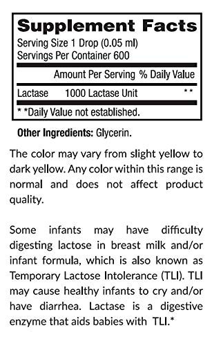 Kiddivit Baby Lactase Liquid Drops 1000 Units - 100 Daily Servings, 1 Fl Oz (30 mL) - Built-in Dropper, Glass Bottle - Sugar Free, Gluten Free, Vegetarian Friendly