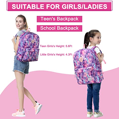 VASCHY Backpack for School, Lightweight Water Resistant Bookbag Casual Daypack for Middle School Teen Girls Pink Galaxy