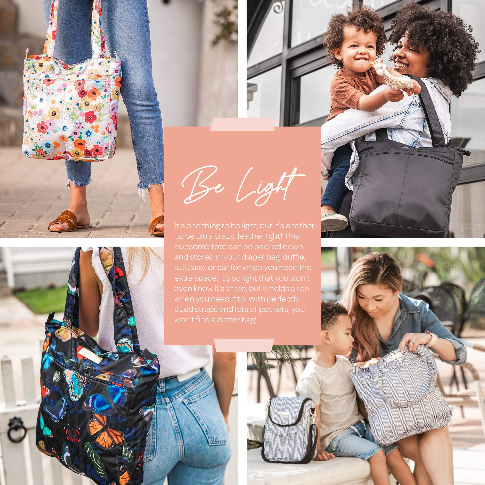 JuJuBe | Be Light Zippered Tote Bag | Foldable Shoulder Bag with Organization Pockets for Diapers, Gym, Travel | Navy Duchess