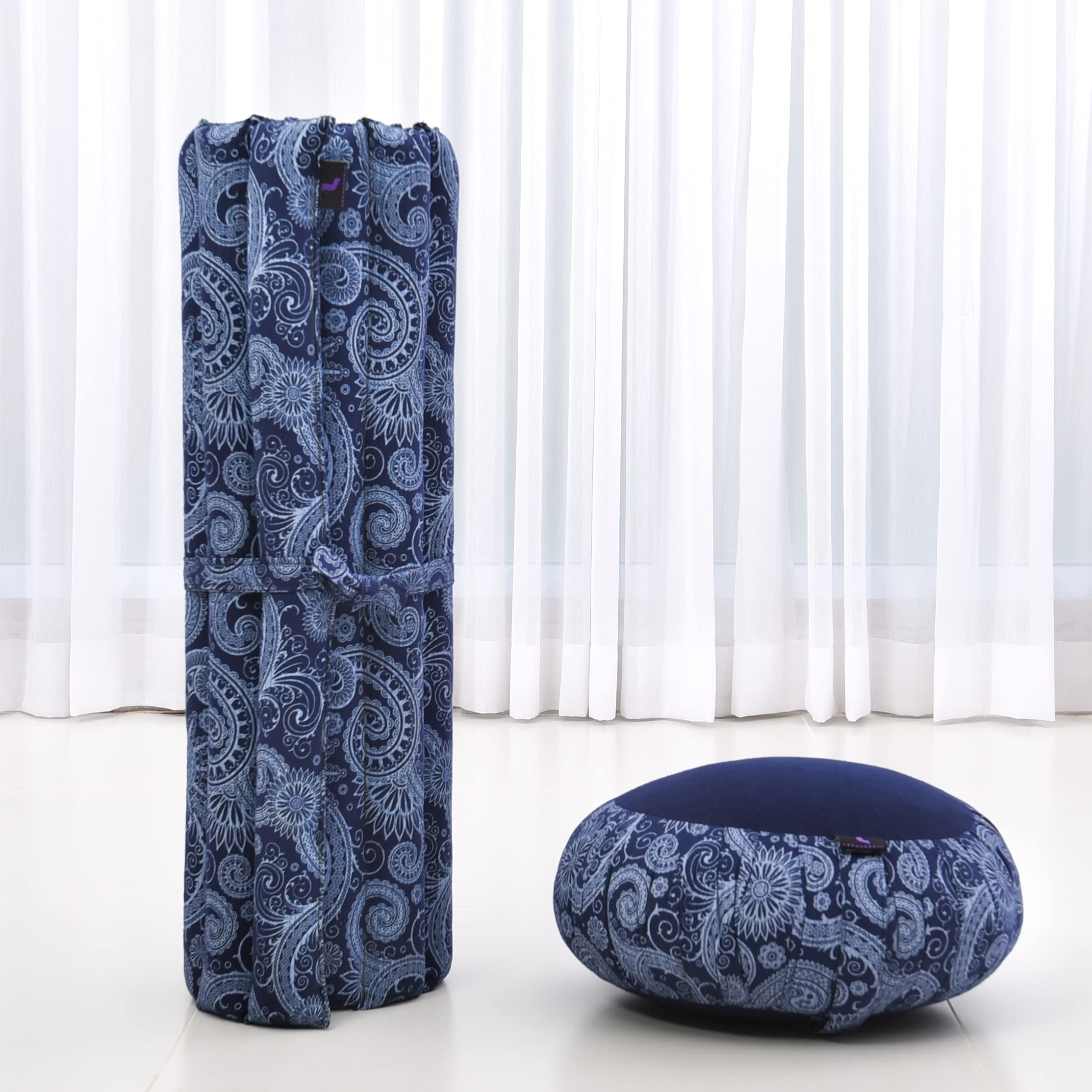 Leewadee Meditation Cushion Set β 1 Round Zafu Meditation Pillow and 1 Square Roll-Up Zabuton Meditation Mat, Pillows Bundle Filled with Eco-Friendly Kapok, Blue White