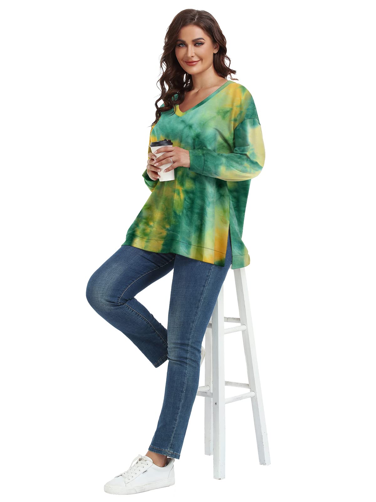 LARACE Tie Dye Sweatshirts for Women Plus Size Tops V Neck Side Split Shirt Casual Long Sleeve Pullover Tee(E-DarkGreen 4X)