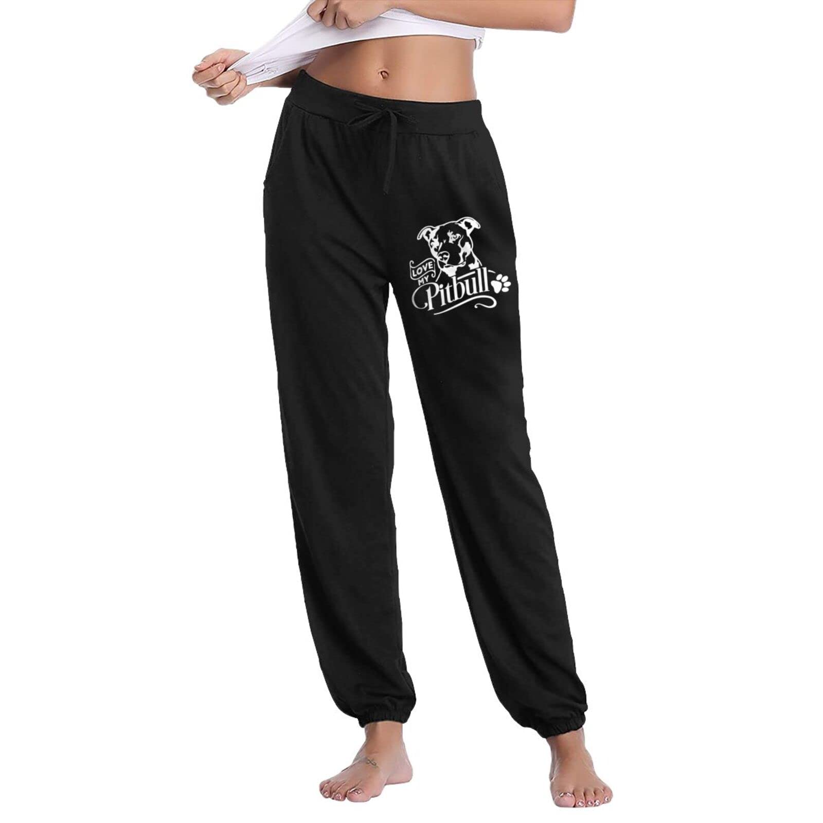 Love My Pitbulls Women's Casual Yoga Sweatpants Athletic Workout Elastic Waist Jogger Pants Medium Black