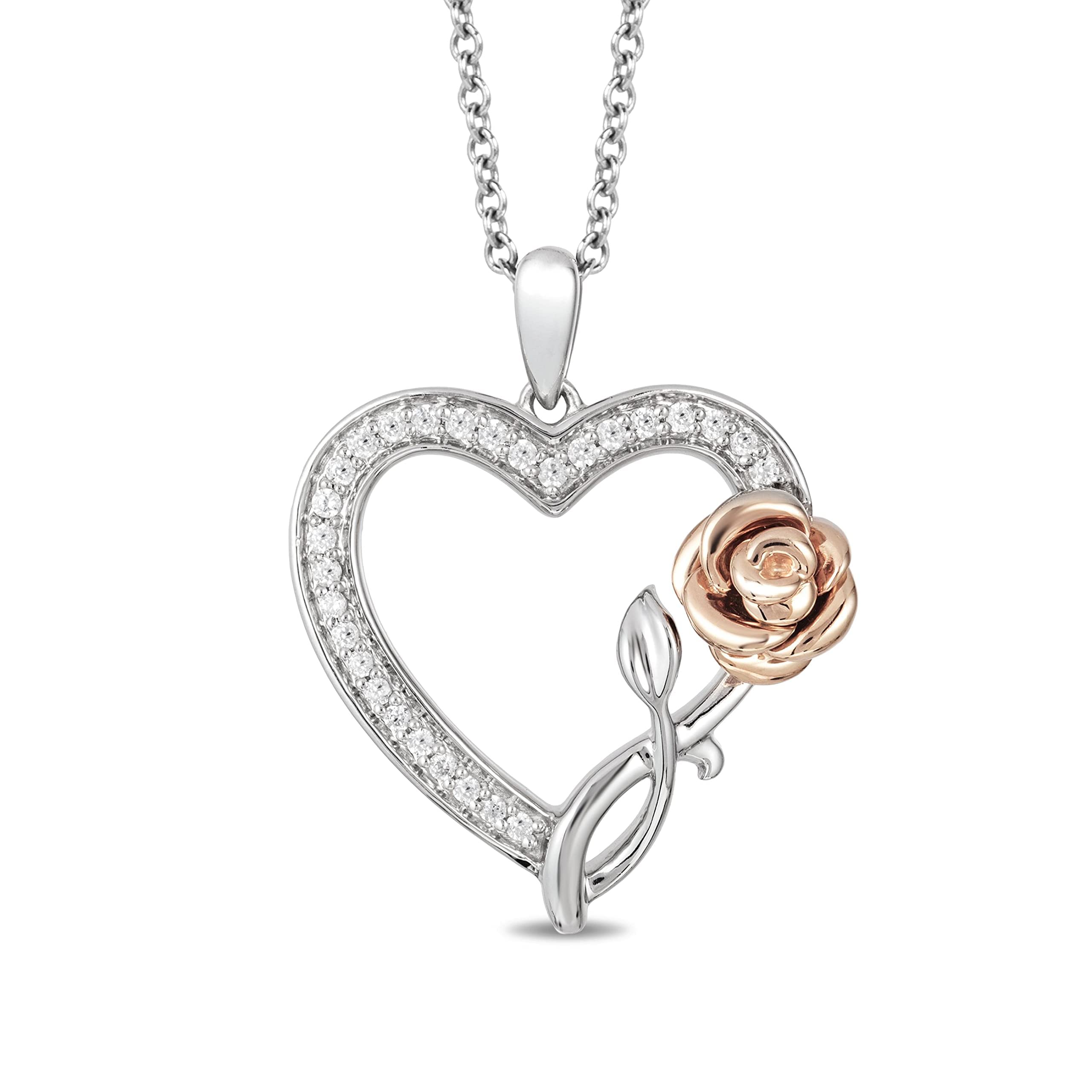 Jewelili Enchanted Disney Fine Jewelry Silver and 10K Rose Gold with 1/6 CTTW Diamonds Belle Rose with Heart Pendant