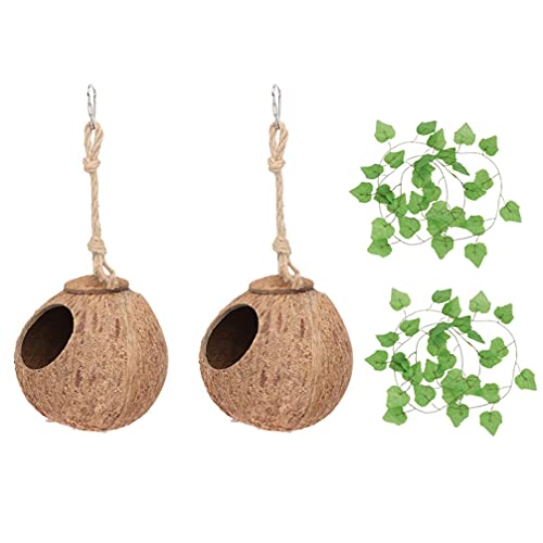M I A 2 Pcs Crested Gecko Hut with 2 Vines Hanging Coconut Shell Reptile Treat Food Dispenser Bird Nest Reptile Hide Cave Lizard Nesting Hideout for Small Animal Random Color