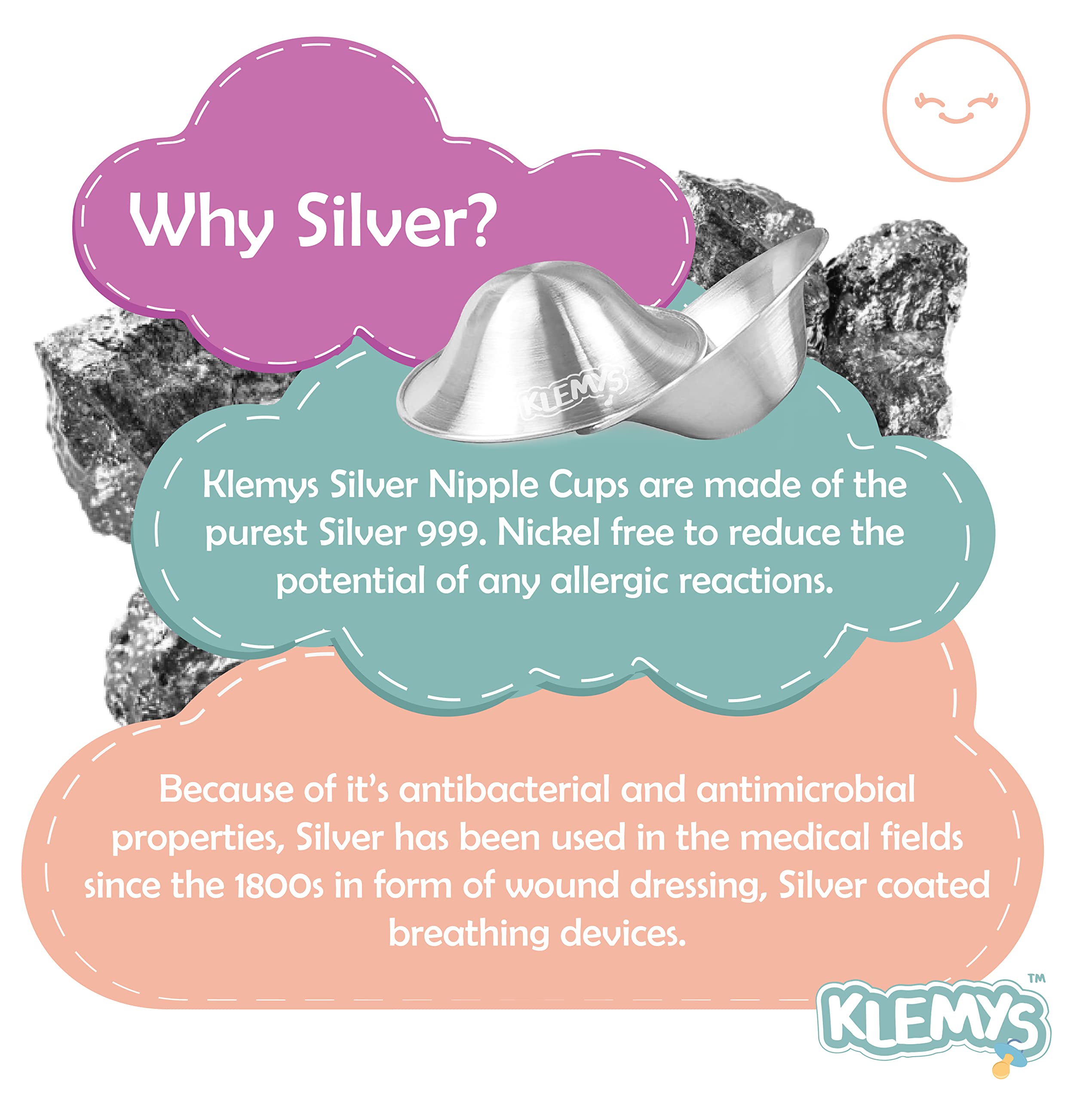 Klemys Silver Nursing Cups - Nipple Shields for Nursing Newborn - Breastfeeding Essentials - Newborn Must Haves - Nipple Covers Breastfeeding - 999 Silver (Regular)