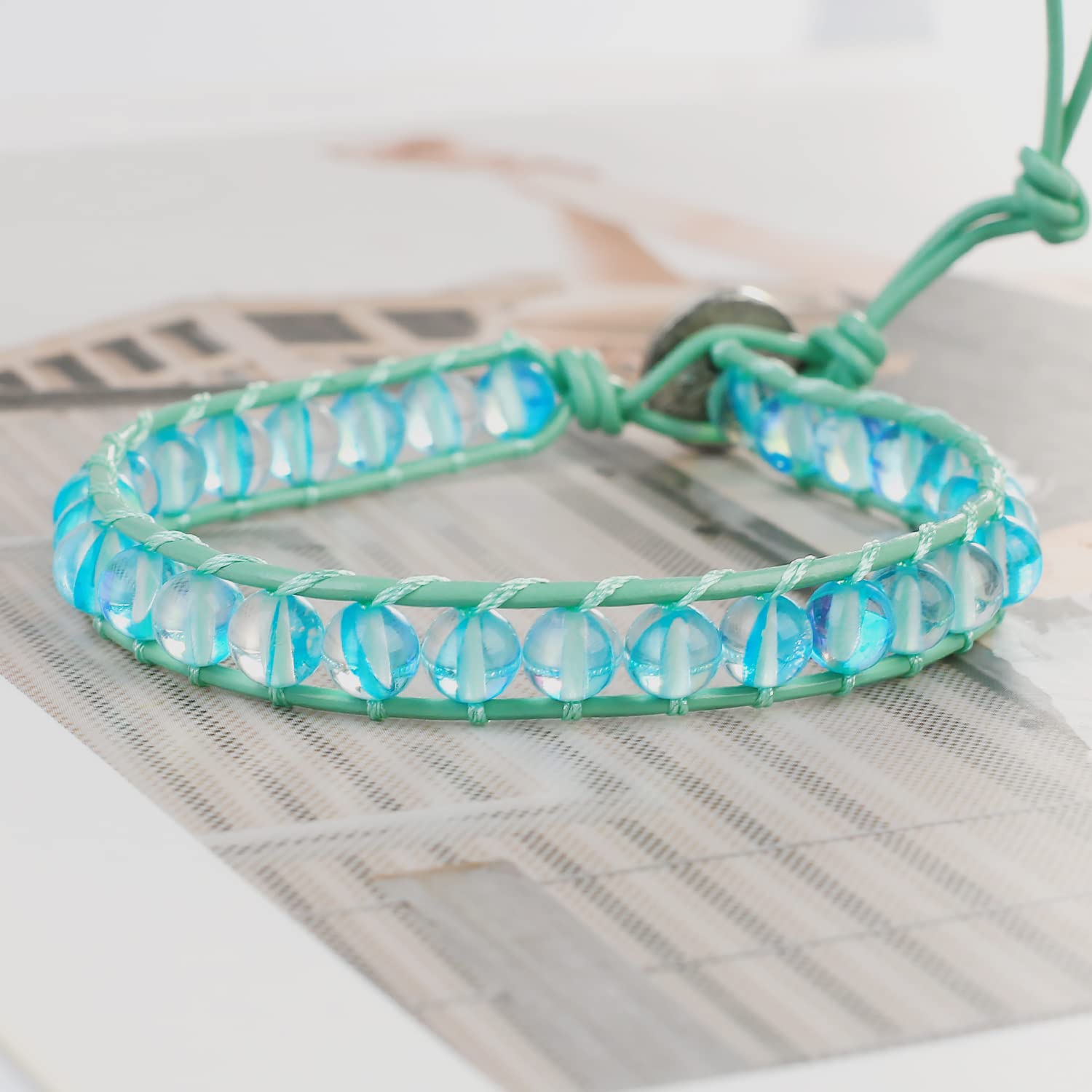 KELITCH Single Wrap Bracelets Flash Crystal Beaded Bracelets Strands Bracelets Women Bangles Cuff Jewelry (Green 11C)
