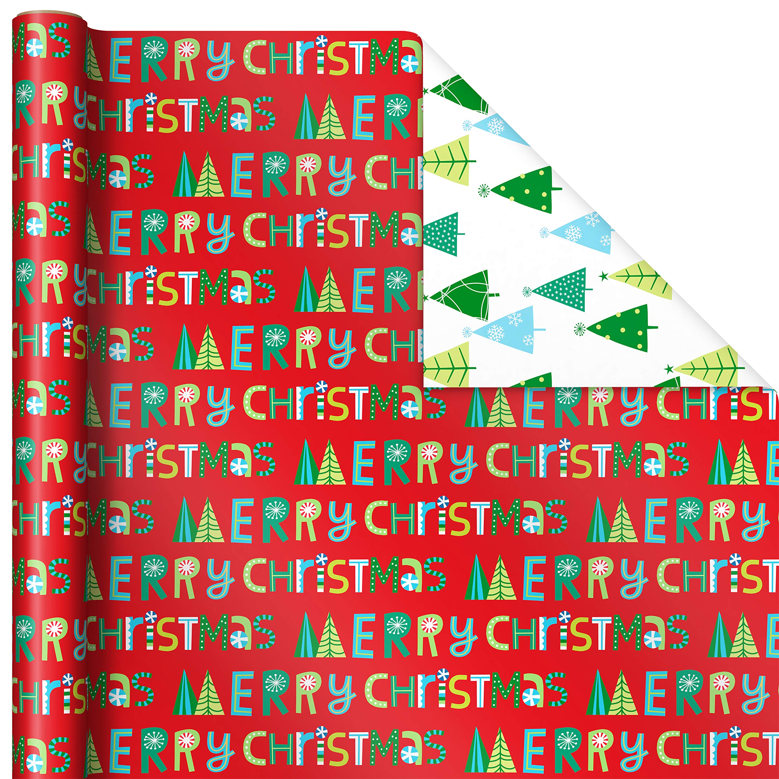 Hallmark Cute Reversible Christmas Wrapping Paper for Kids (3 Rolls: 120 sq. ft. ttl) Penguins, Santa, Trees, Stripes, Snowflakes, Merry Christmas"