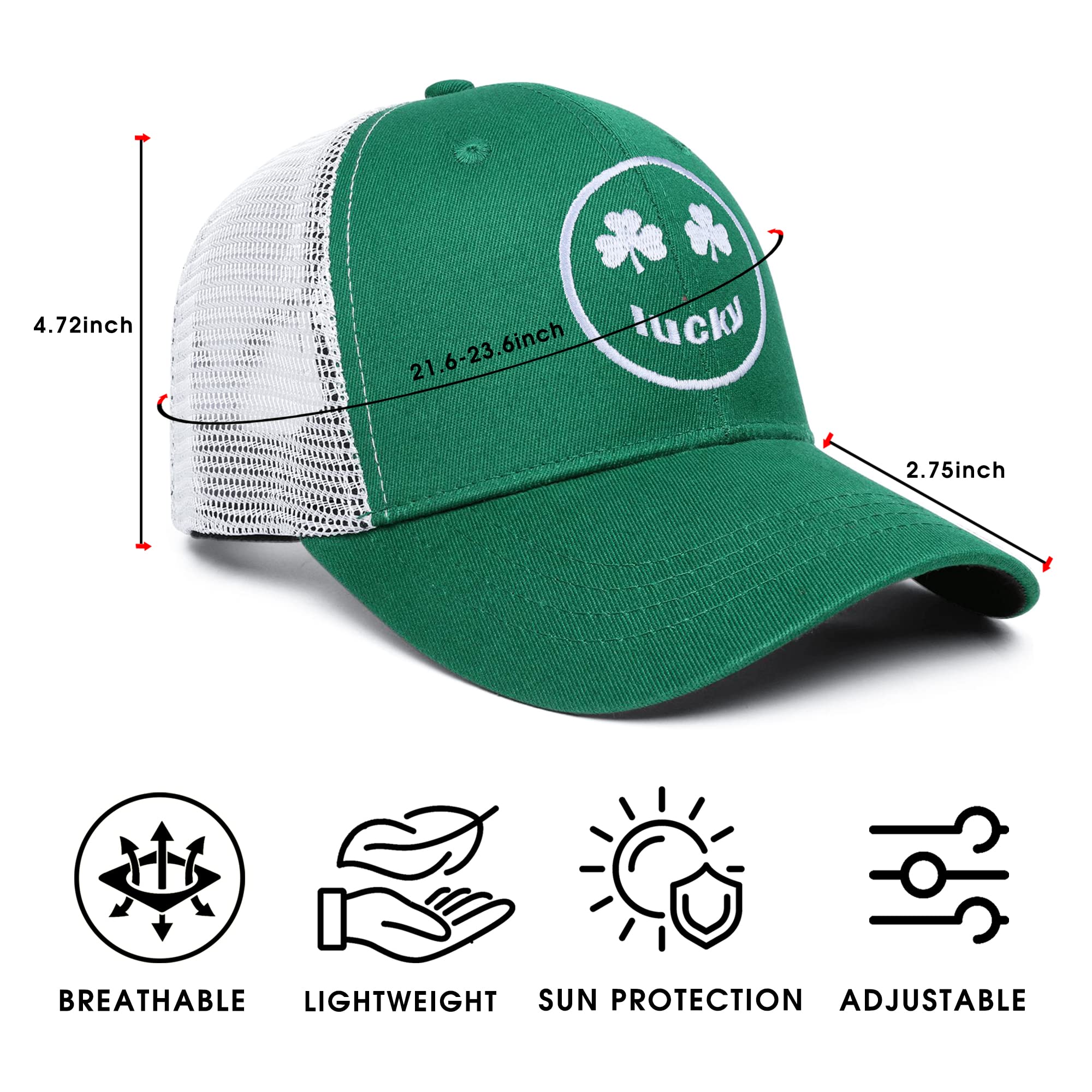 Lucky St Patricks Day Hat for Men Women White Green Shamrock Baseball Cap Adjustable Four-Leaf Clover Dad Hat