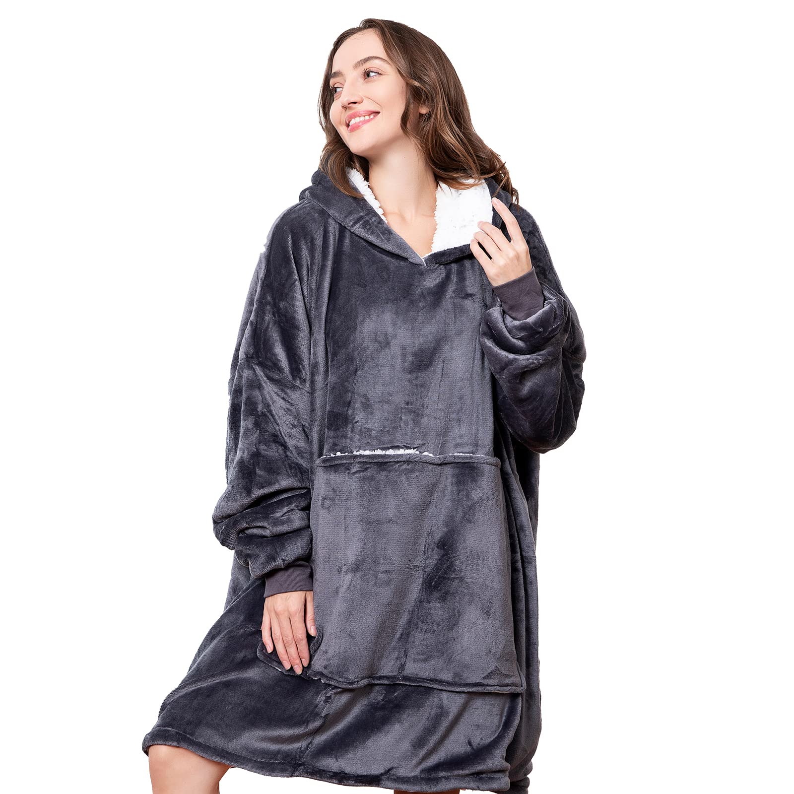 L'AGRATY Wearable Blanket Hoodie Oversized Giant Hooded Blanket Sweatshirt with Pocket Sleeves Flannel Sherpa Blanket Jacket