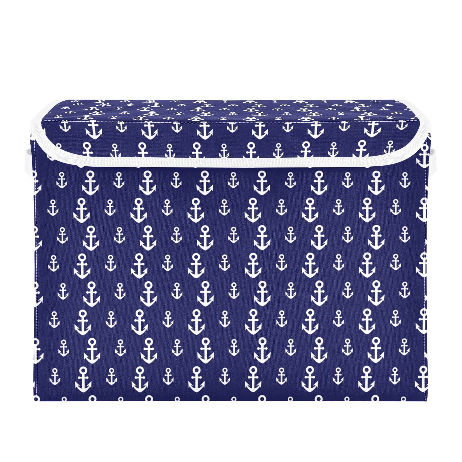 Kigai Storage Basket Nautical Anchor Blue Storage Boxes with Lids and Handle, Large Storage Cube Bin Collapsible for Shelves Closet Bedroom Living Room, 16.5x12.6x11.8 In