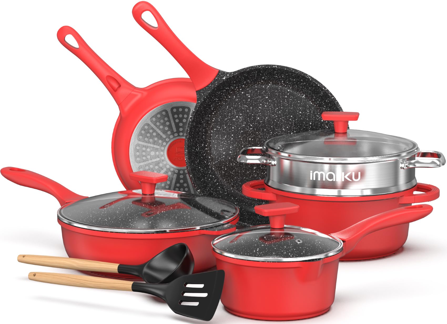 imarku Pots and Pans Set,11-Piece Nonstick Cookware Set Granite Coating, Induction Kitchen Cookware Sets Easy to Clean, Cooking Pot Pan Set with Stay-Cool Handle, Red