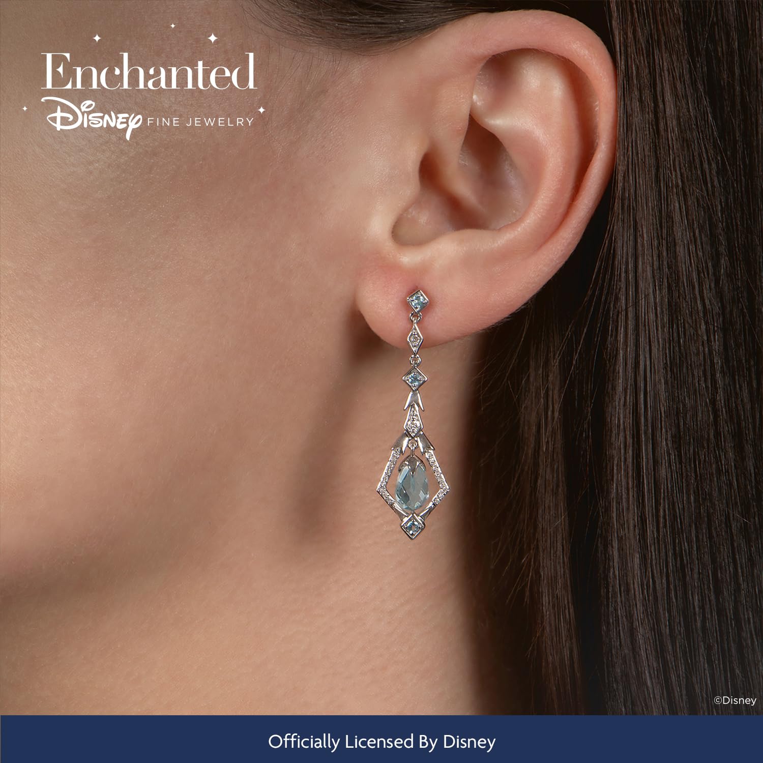 Jewelili Enchanted Disney Fine Jewelry Sterling Silver with 1/8 CTTW Diamonds and Swiss Blue Topaz Elsa Dangling Earrings
