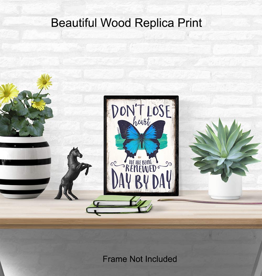 Inspirational Butterfly Picture - Christian Bible Verse Wall Art - Religious Scripture Wall Decor - Blue Rustic Boho Gift for Women - Motivational Home or Apartment Decoration for Bedroom, Living Room