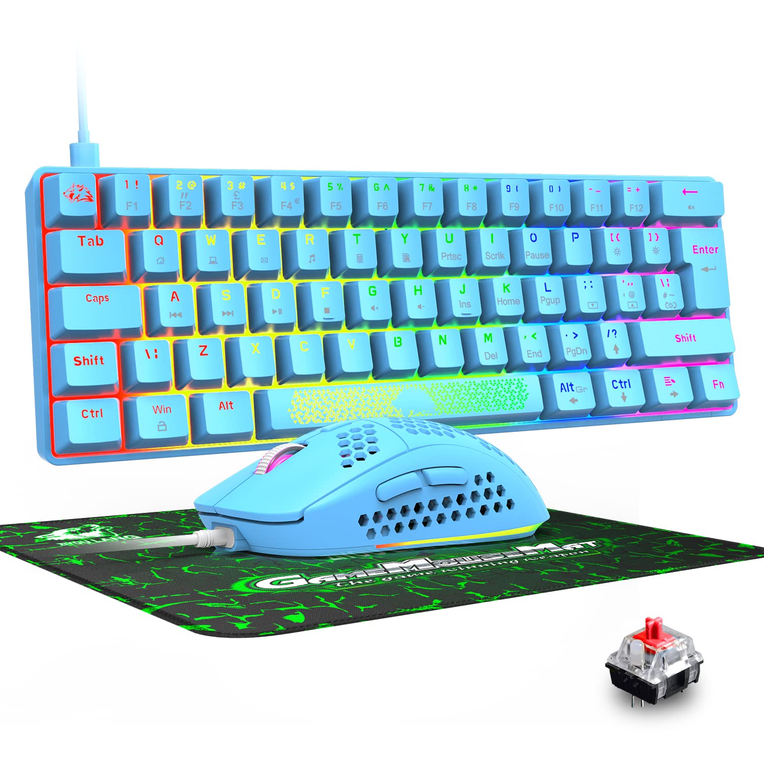 K65 Pro 60% Gaming Keyboard and Mouse Combo Small Mini RGB Backlight Mechanical Keyboard and Ultralight Honeycomb Optical Mouse,Mouse Pad Tactile Blue Switch Anti-Ghosting for Xbox,PS4,PC,Laptop(Blue)