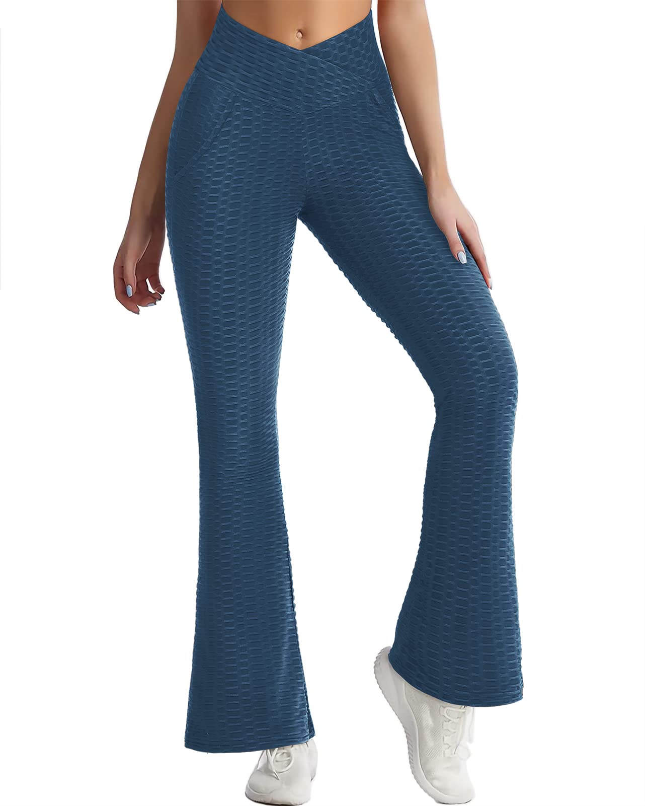 KOLAOYEP Flare Leggings with Pockets for Women Tummy Control Butt Lifting Crossover Bootcut Yoga Pants