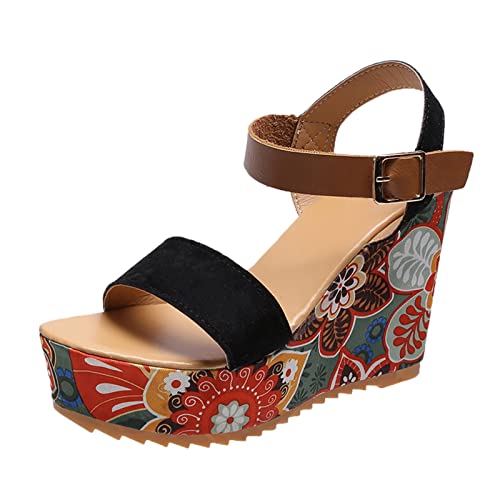 OVELING Shoes Women Wedges Toe Buckle Breathable Flower Open Summer Strap Sandals Women's Wedges Comfortable Sandals Walking
