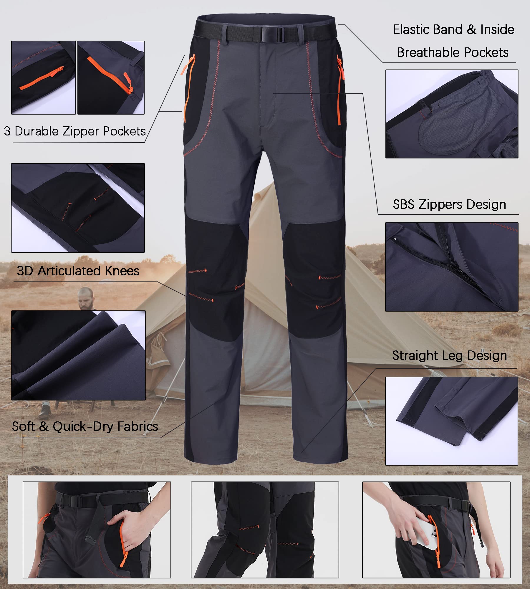 KELOIFUT Men's Hiking Cargo Pants Quick-Dry Outdoor Water Resistant Lightweight Mountain Breathable Zipper Pocket Work Pants Dark Grey L