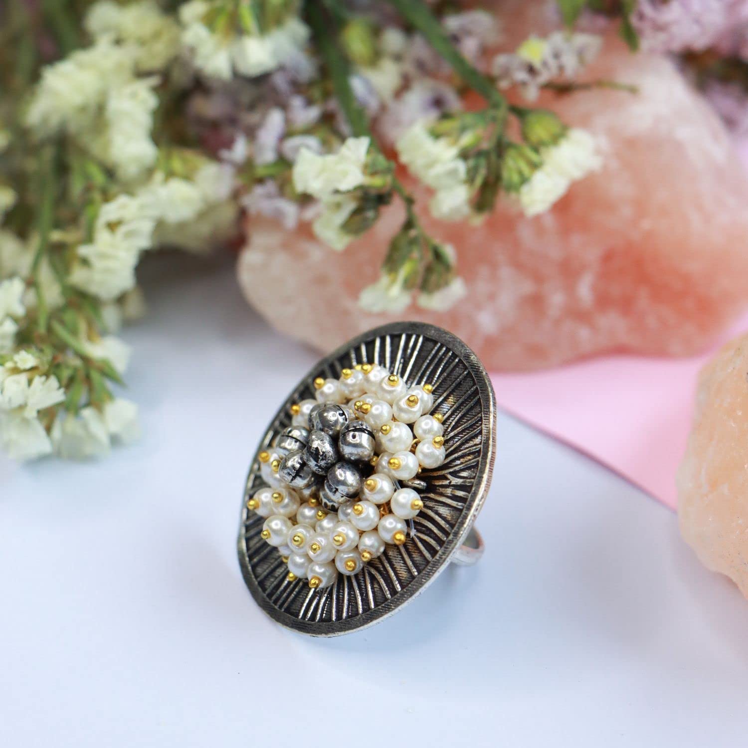 I Jewels Silver Oxidised Indian Wedding Bollywood Ethnic Adjustable Brass Finger Ring Embellished With ghungroo and pearl (Style-2)