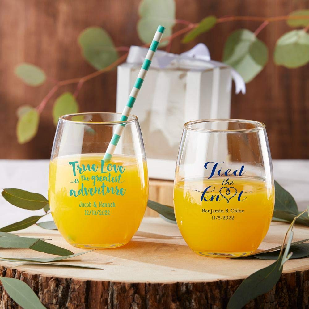 Kate Aspen 15 oz. Personalized Stemless Wine Glass - 48pcs/Silver - Custom Wedding Favors and Bridal Shower Party Favors with Customized Designs Text Lines