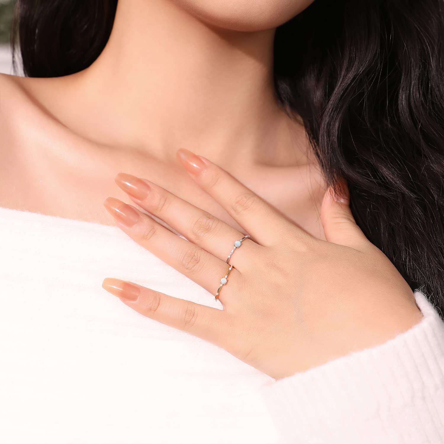 Meissa Sterling Silver Opal Ring for Women White Fire Opal October Birthstone Dainty Minimalist Stackable Ring Gold Promise Ring Size 5-8 (Silver, 7)