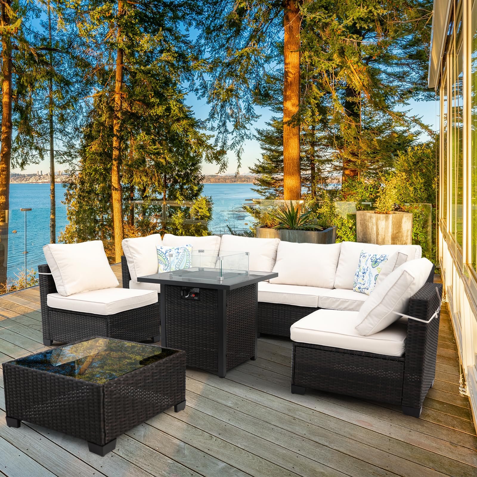 TINKLE WELL Patio Furniture Brown 28" Fire Pit Table, 8 Pieces Sectional Rattan Wicker Conversation Sofa Sets, Thick Cushions, for Yard, Garden, Poolside