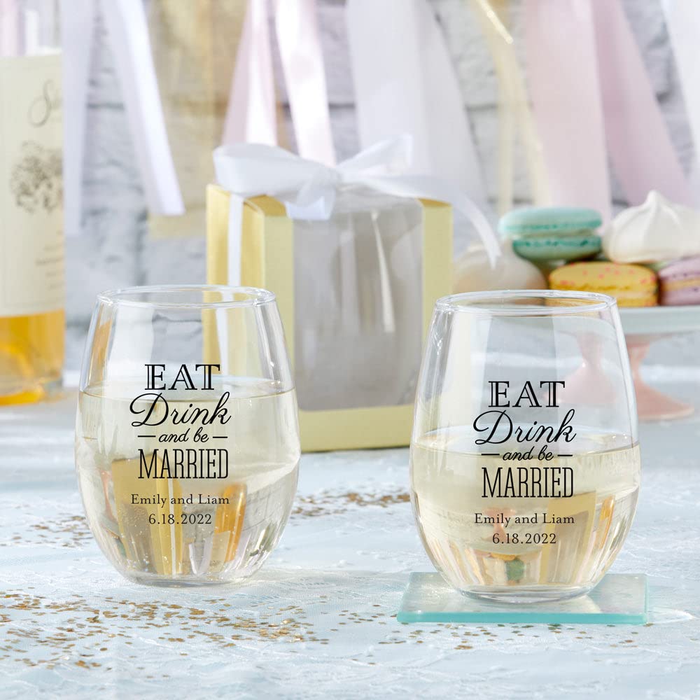 Kate Aspen 9 oz. Personalized Stemless Wine Glass - 36pcs/Silver - Custom Wedding Favors and Bridal Shower Party Favors with Customized Designs Text Lines