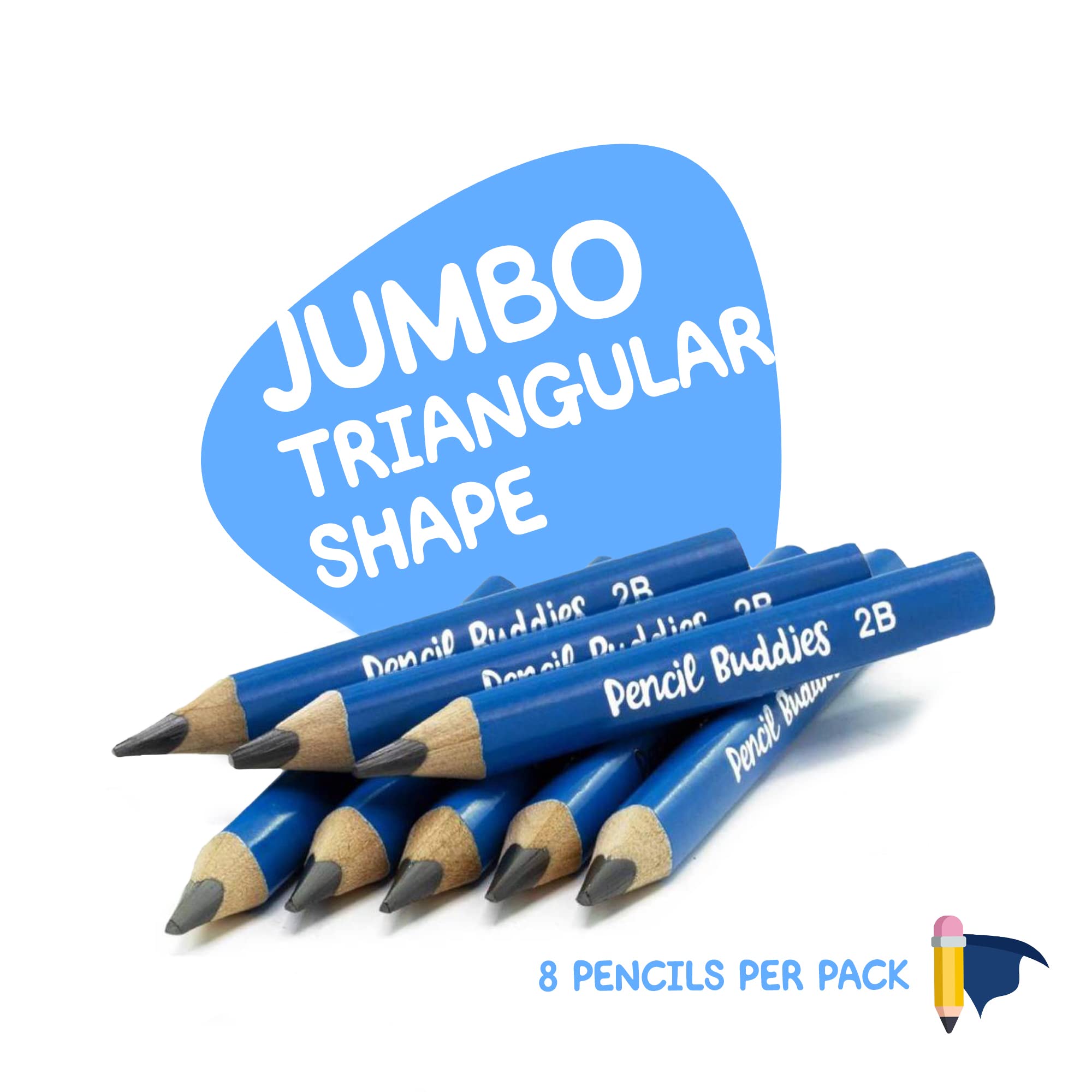 Jumbo Kids Triangle Pencils for Preschoolers, Kindergarten, Toddlers & Beginners (2 Sets) - 8 Short Triangular Pencils & Sharpener, Fat Pencils for Kindergarten, 2B (Natural Wood, 2 Sets)