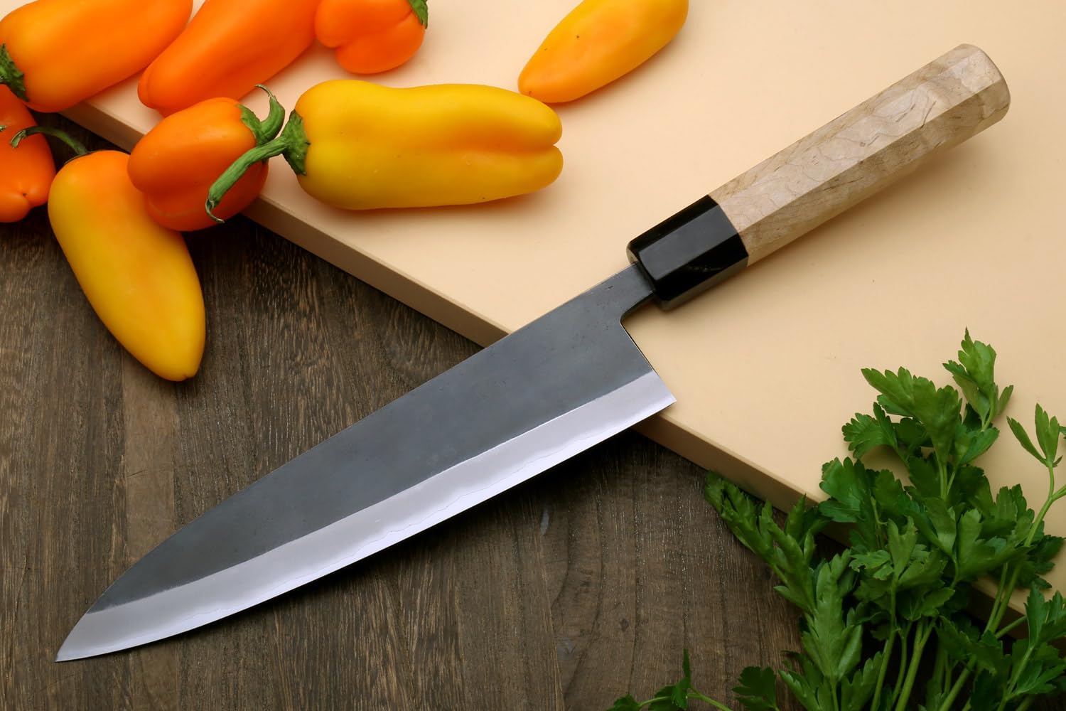 Yoshihiro Kurouchi Black-Forged Blue Steel #2 Stainless Clad Japanese Gyuto Chef Knife Kaede Handle (7"(180mm) & No Saya)
