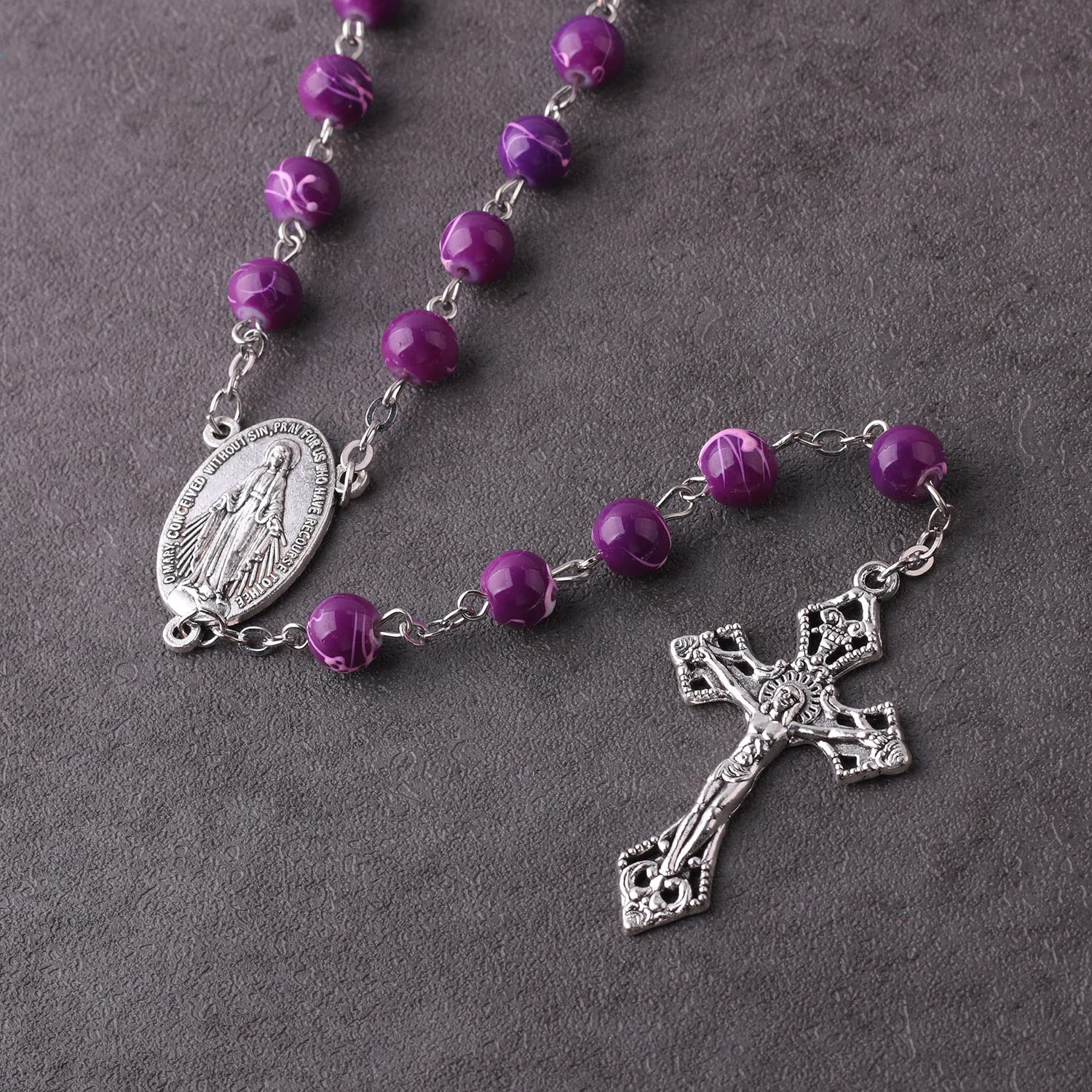 Luomu 8mm Glass Beads with Beautiful Pattern Printed Catholic Chain Rosary Necklace with Virgin Mary Miraculous Medal and Crucifix (Green)