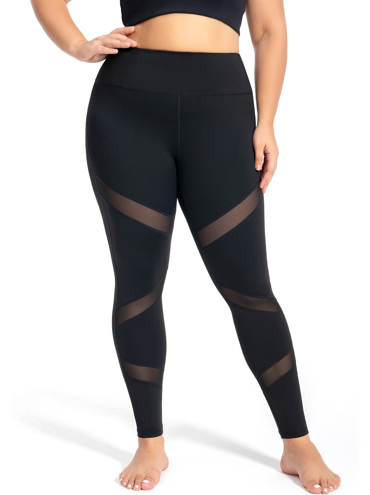 MEJING Plus Size Yoga Pants with Pockets, L-5X Mesh Workout Leggings for Women, High Waisted Tummy Control Activewear Black L