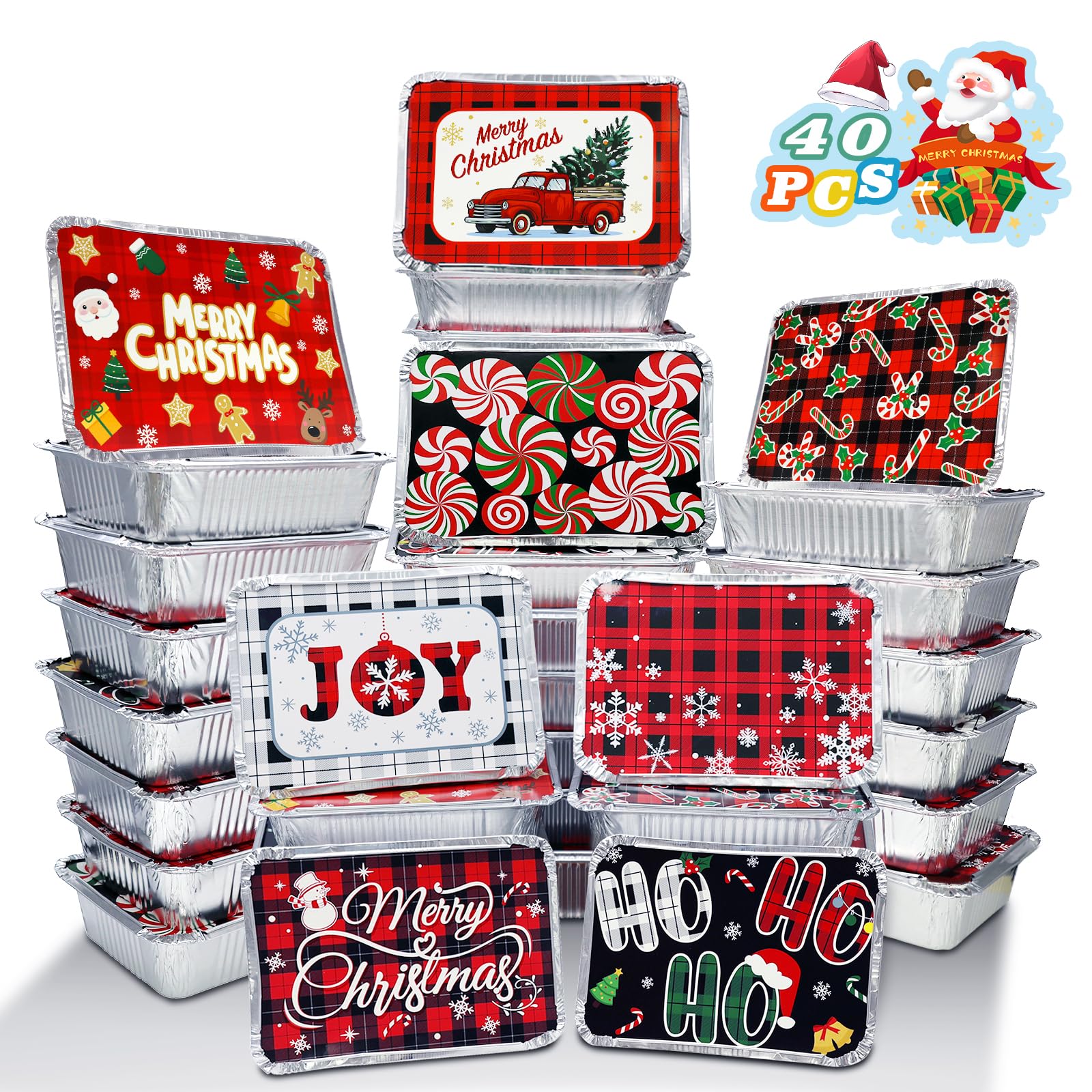 Tunpug 40 Pieces Christmas Foil Containers with Lids,9 Holiday Designs,7"x5"x2" Rectangular Treat Foil Containers,Disposable Cookie Tins Storage Pans for Winter Holiday Gift Giving Party Supplies