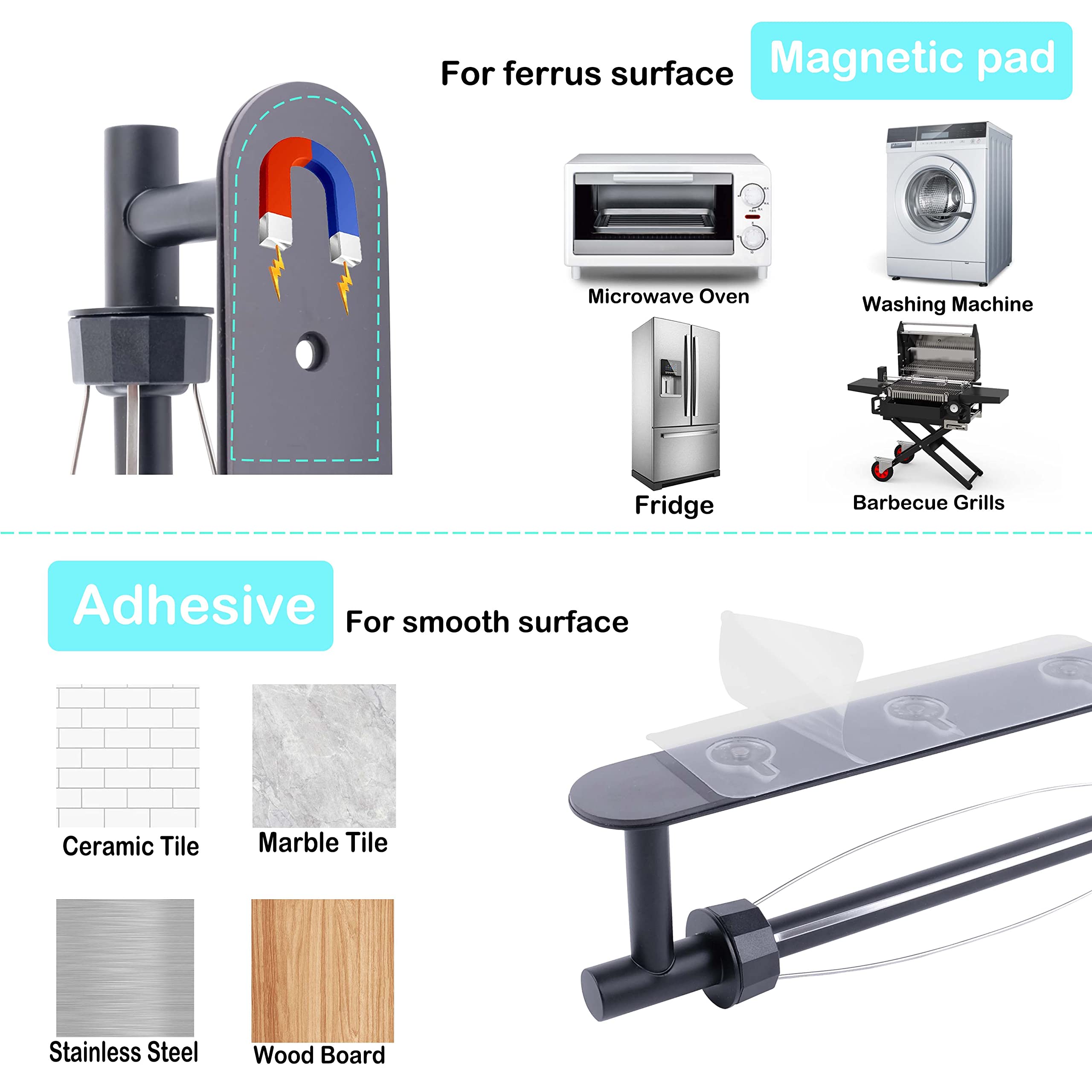 KIHOGEM Magnetic Paper Towel Holder,One Hand Operable Paper Towel Holder Wall Mount Self Adhesive and Strong Magnetic Backing for Kitchen Refrigerator Grill RV(Black)