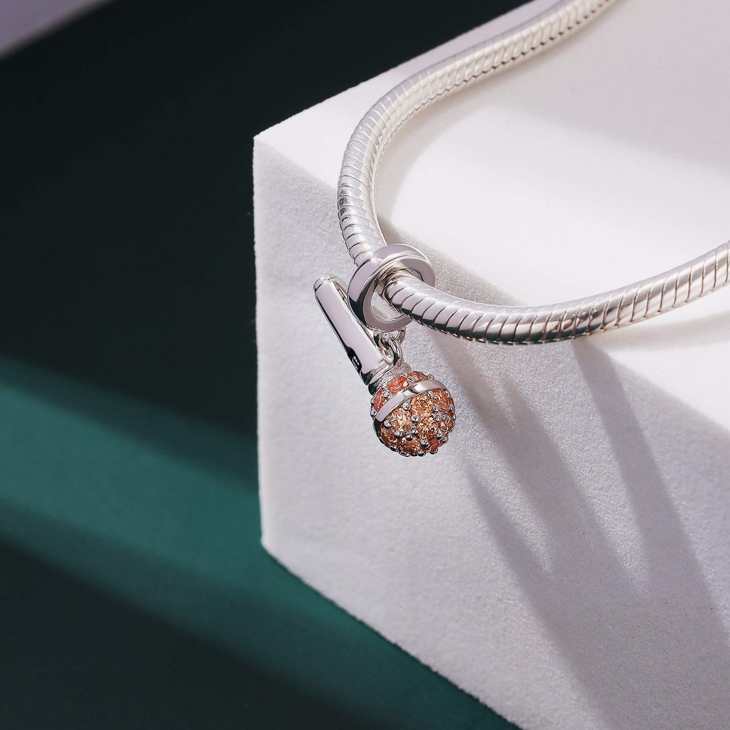 I Love Music Microphone Voice Charms 925 Sterling Silver Champagne Crystal Pendants fit Pandora Bracelet Necklace (Microphone Voice Charms)
